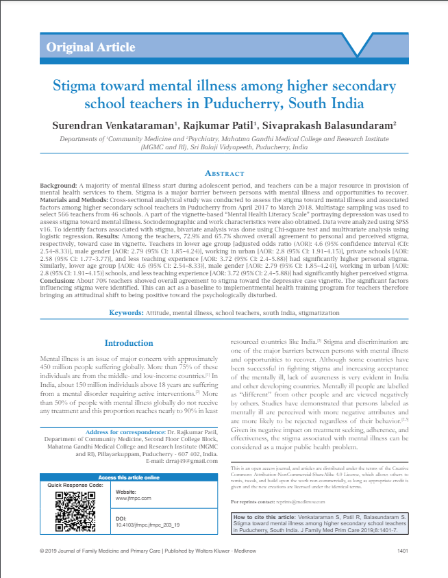Stigma toward mental illness among higher secondary school teachers in ...